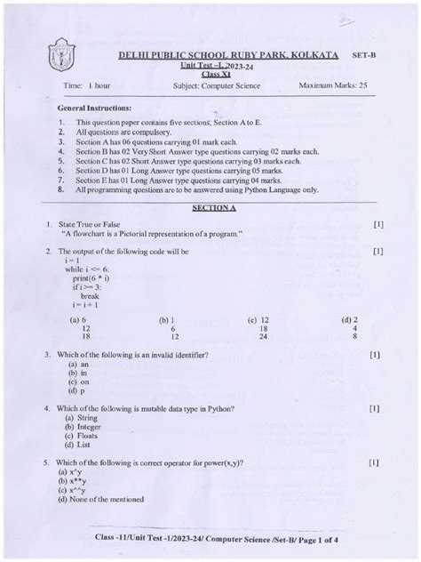Cl Xi Unit Test1 Computer Science 2023 24 Pdf