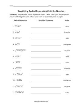 Simplifying Radical Expressions Digital Print Color By Number By Funrithmetic