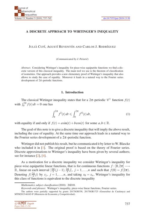 Pdf A Discrete Approach To Wirtingers Inequality