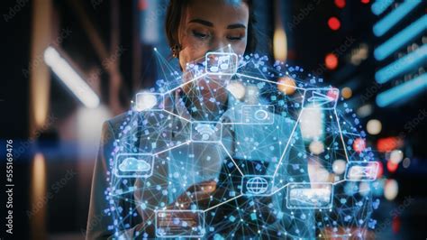 Beautiful Woman Using Smartphone On A City Street At Night Businesswoman Using Mobile Phone