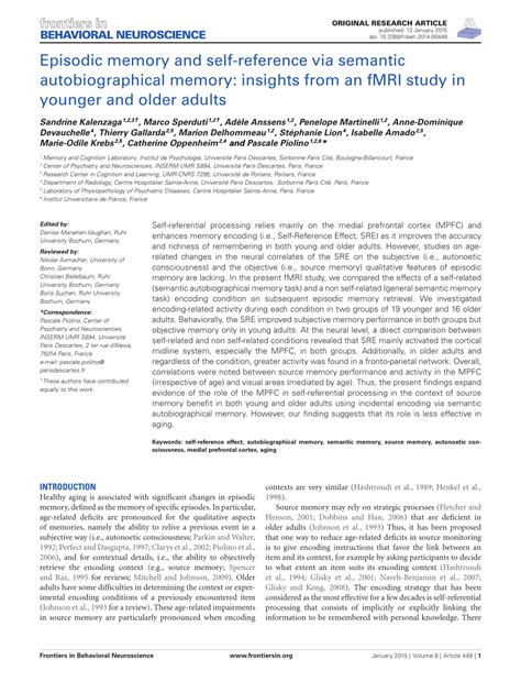 Pdf Episodic Memory And Self Reference Via Semantic Autobiographical Memory Insights From An