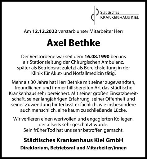 Traueranzeigen Von Axel Bethke Trauer Anzeigende