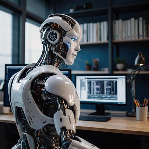 A Robot Sits In Front Of A Computer Monitor And A Monitor Premium AI Generated Image