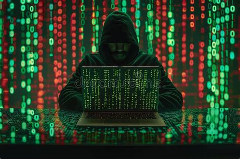 a dark hooded figure sitting in front of a laptop their silhouette