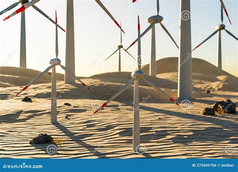 Large Wind Farm With Multiple Windmills In Desert Environment Renewable Energy And Climate