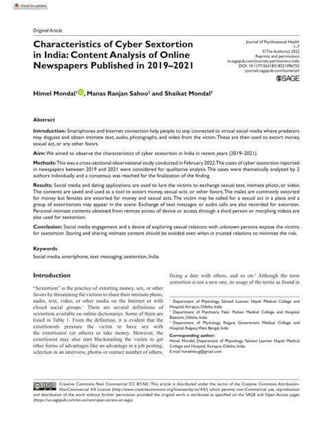 Pdf Characteristics Of Cyber Sextortion In India Content Analysis Of Online Newspapers