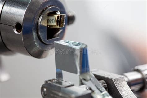 Closeup Epoxy Embedded Tissue Placed Ultramicrotome Make Sections Electron Microscope Stock