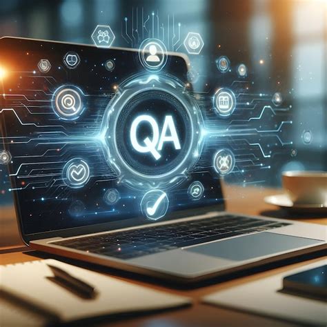 Hightech Laptop With Holographic Ai Qa Icons In Modern Workspace Photo