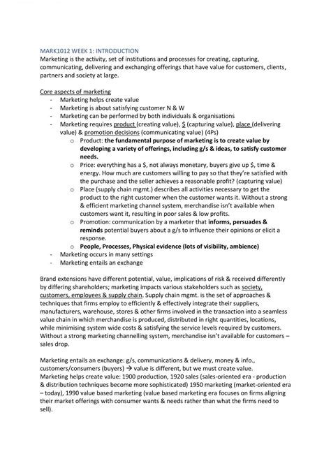 Mark1012 Comprehensive Notes Mark1012 Marketing Fundamentals Unsw Thinkswap