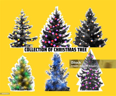 크리스마스 트리 절연 하프톤 디자인 요소 모음 2024 벡터 유행 하는 일러스트 레이 션 에서 도트 처럼 팝 아트 흰색 배경에 콜라주를 위한 하프톤 처리의 크리스마스 트리
