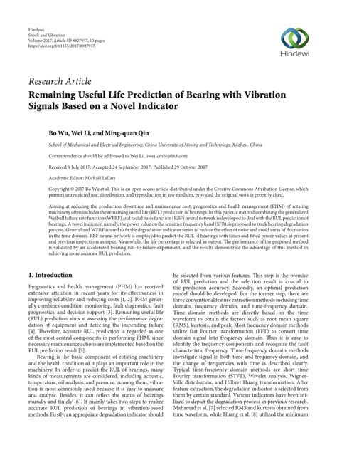 Pdf Remaining Useful Life Prediction Of Bearing With Vibration Signals Based On A Novel Indicator