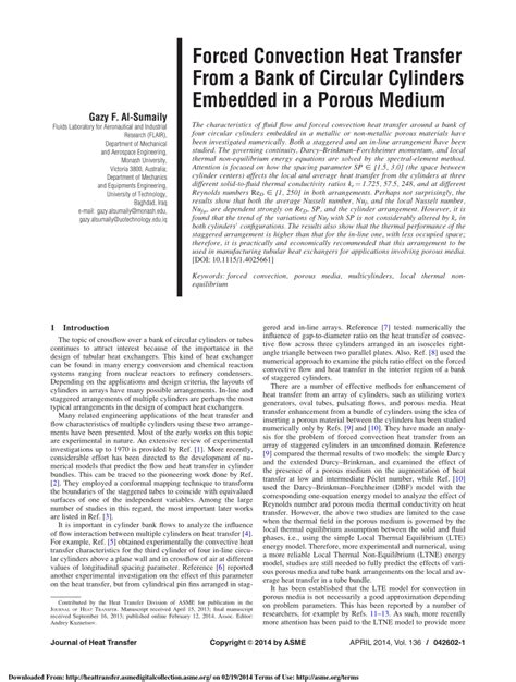 Pdf Forced Convection Heat Transfer From A Bank Of Circular Cylinders Embedded In A Porous Medium