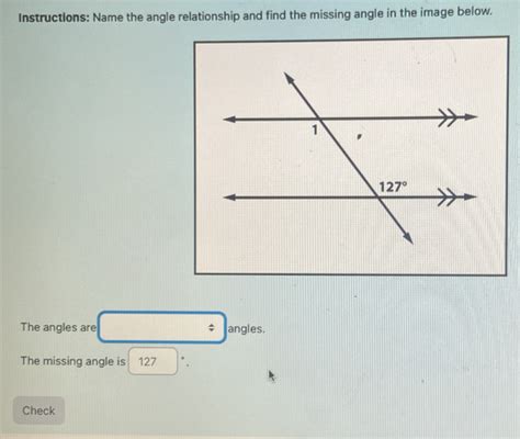 Solved Instructions Name The Angle Relationship And Find The Missing Angle In The Image Below