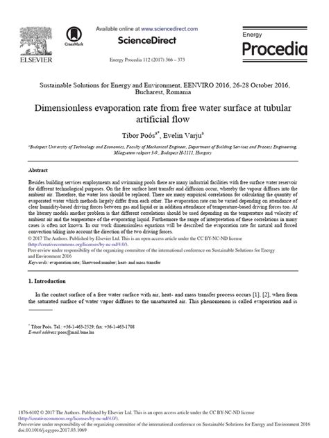 Dimensionless Evaporation Rate From Free Water Surface At Tubular