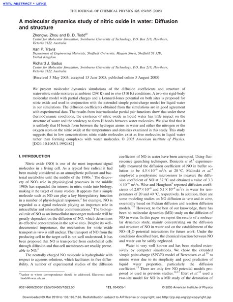 PDF A Molecular Dynamics Study Of Nitric Oxide In Water Diffusion And Structure