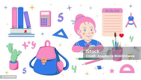 90년대 복고풍 분위기 만화 스타일의 귀여운 학교 문구류 학생 장비 밝은 파스텔 색상 학교로 돌아 가기 트렌디한 벡터