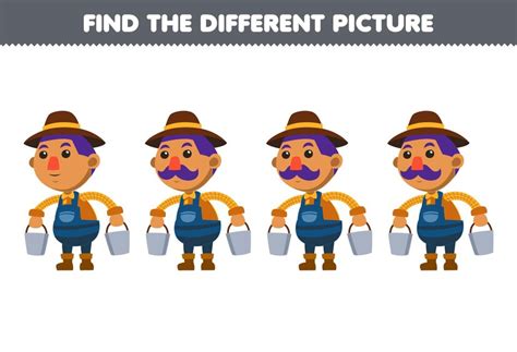 어린이를 위한 교육 게임은 인쇄 가능한 농장 워크시트를 들고 있는 귀여운 만화 콧수염 농부의 다른 그림을 찾습니다 프리미엄 벡터