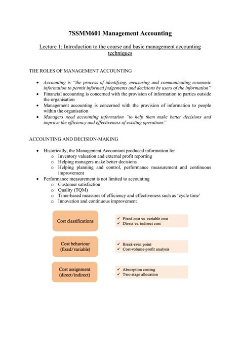 Management Accounting Lecture Notes 7ssmm601 Management Accounting Kcl Thinkswap