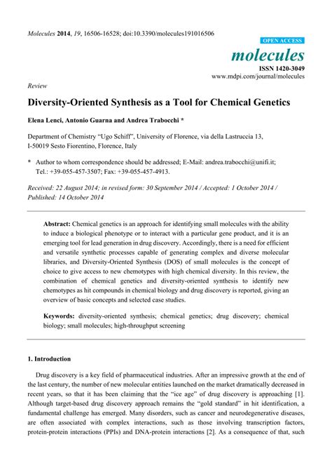 Pdf Diversity Oriented Synthesis As A Tool For Chemical Genetics