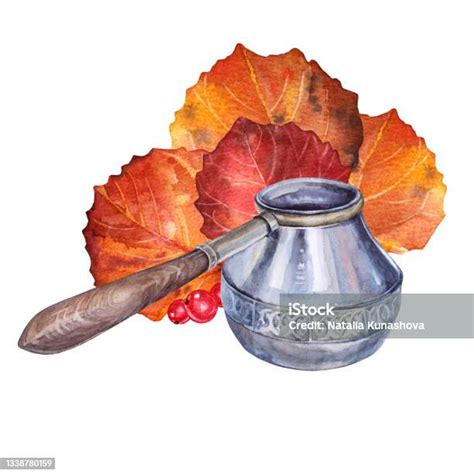 가을 꽃다발과 터크 세즈브 뜨거운 커피 수채화 손으로 그린 오렌지 잎 빨간 건포도 흰색 배경에 고립 된 음료 자연 식물 단풍 할로윈 메뉴 카페를위한 창조적 인 클립 아트 0