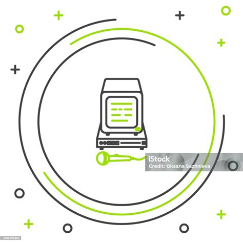 검은색과 초록색 선 가라오케 아이콘은 흰색 배경에 분리되어 있다 마이크와 모니터 다채로운 개요 개념입니다 벡터 일러스트레이션 가수에 대한 스톡 벡터 아트 및 기타 이미지