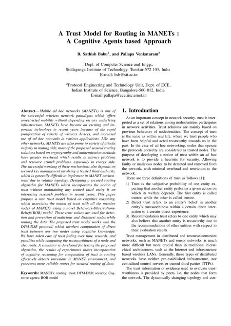 pdf a trust model for routing in manets a cognitive agents based