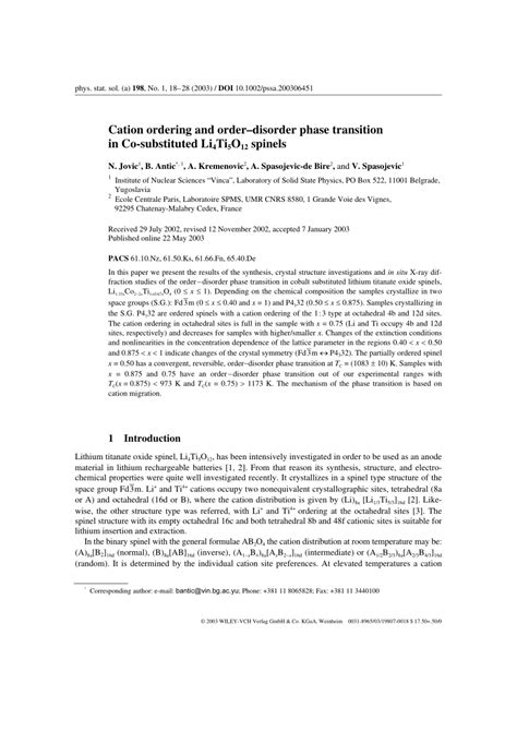 Pdf Cation Ordering And Orderdisorder Phase Transitionin Co‐substituted Li4ti5o12 Spinels
