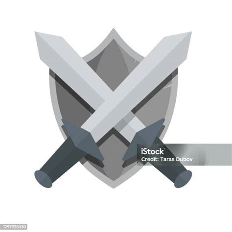 중세 전령 의 팔 코트 회색 가드 방패와 교차 칼 만화 평면 일러스트 방어 및 보호 기사와 전사의 오래된 무기와 갑옷 검에 대한 스톡 벡터 아트 및 기타 이미지 Istock