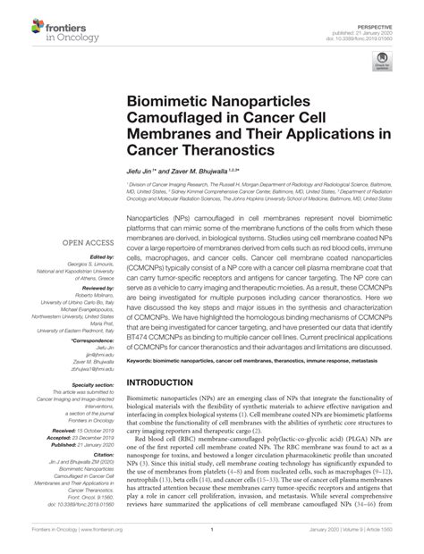 Pdf Biomimetic Nanoparticles Camouflaged In Cancer Cell Membranes And Their Applications In