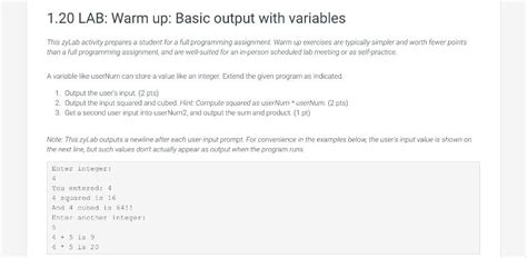 Solved 1 20 LAB Warm Up Basic Output With Variables This Chegg Com