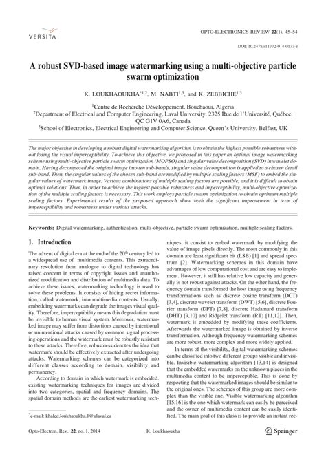 Pdf A Robust Svd Based Image Watermarking Using A Multi Objective