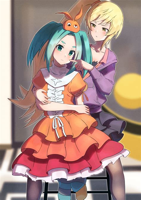Safebooru 2girls Absurdres Aqua Hair Blonde Hair Cheek Poking