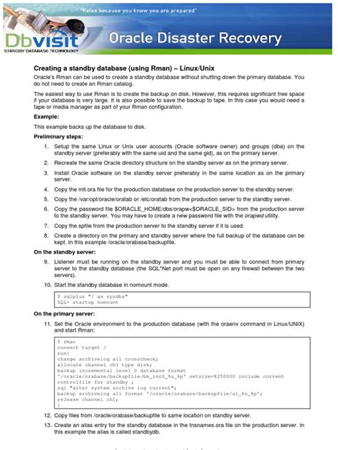 Creating A Standby Database Using Rman Linuxunix Example Pdf