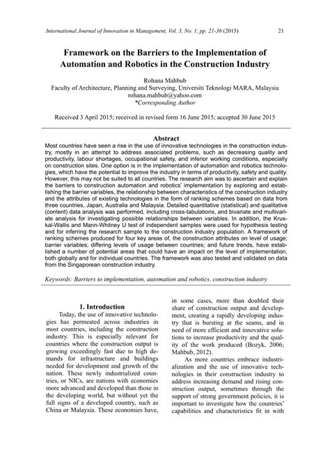 Pdf Framework On The Barriers To The Implementation Of Automation And Robotics In The