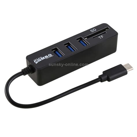 2 In 1 Tf 및 Sd 카드 리더기 3 X Usb 포트 Usb C Type C 허브 변환기 총 길이 24cm 검정