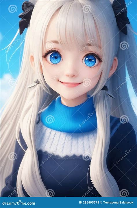 Cute Girl With Long Hair And Big Blue Eyes Generative Ai Illustration