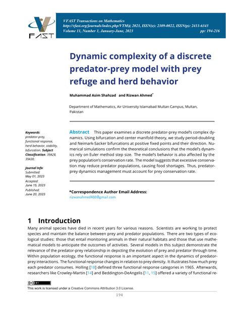 pdf dynamic complexity of a discrete predator prey model with prey