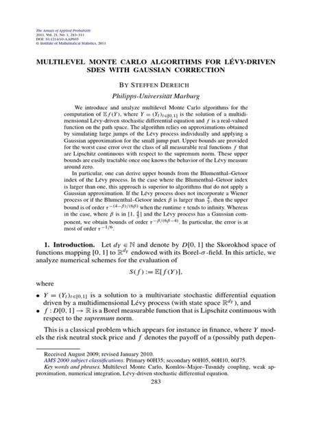 Mlmc Gaussian Correction Pdf Stochastic Differential Equation Normal Distribution