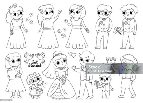 벡터 흑백 신부 신랑 및 그들의 손님과 함께 설정합니다 신부 들러리 신랑 어린이 웨이터 등록 기관이 있는 귀여운 부부 결혼식 색칠하기 개체 그룹에 대한 스톡 벡터 아트 및