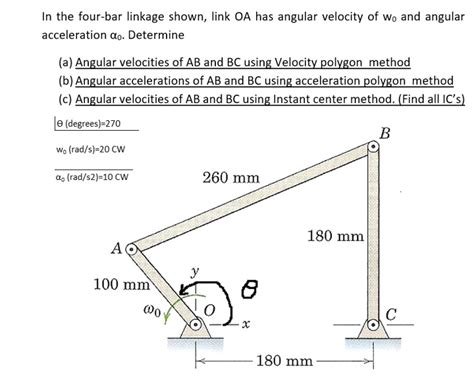 in the four bar linkage shown link oa has angular velocity of and