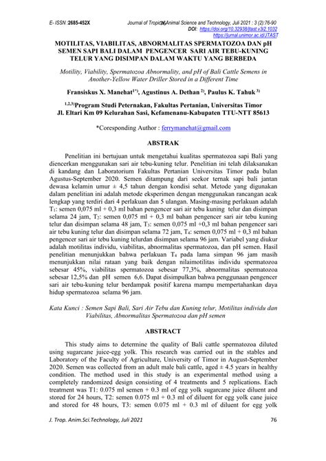 Pdf Motility Viability Spermatozoa Abnormality And Ph Of Bali Cattle Semen In Another