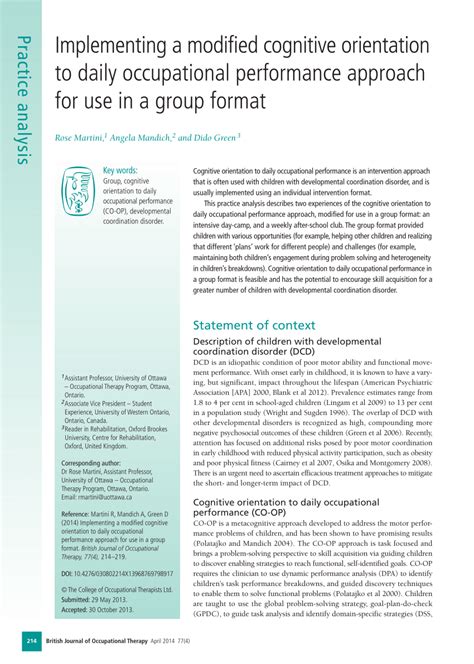 Pdf Implementing A Modified Cognitive Orientation To Daily Occupational Performance Approach