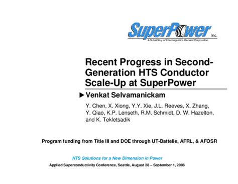 Pdf Recent Progress In Second Generation Hts Conductor Scale Up At Superpower