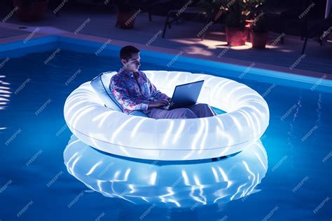 Premium Photo A Man On An Inflatable Circle With A Laptop In The