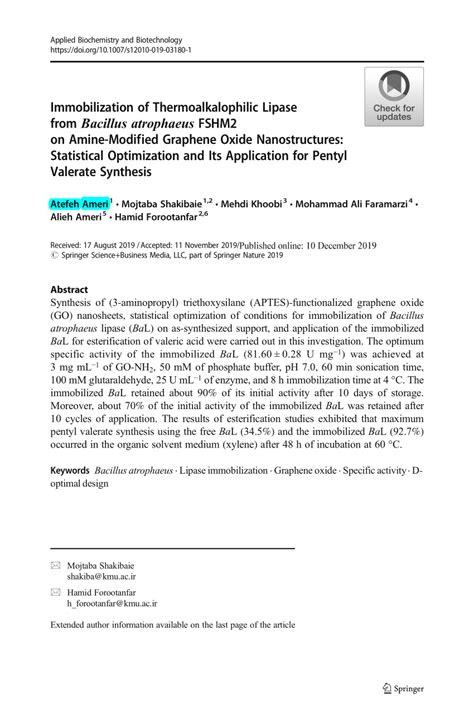 Pdf Immobilization Of Thermoalkalophilic Lipase From Bacillus