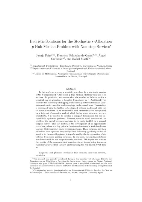 Pdf Heuristic Solutions For The Stochastic R Allocation P Hub Median