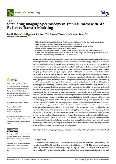 Pdf Simulating Imaging Spectroscopy In Tropical Forest With 3d Radiative Transfer Modeling