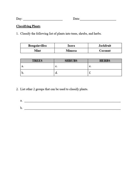 classifying plants exercise pdf