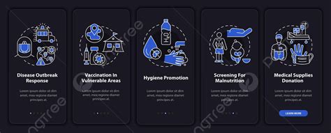 Onboarding Mobile App Screen For Humanitarian Aid Hygiene Promotion Vector Advice Mockup Dark