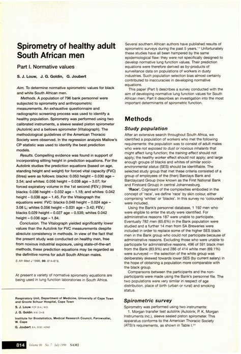 Pdf Spirometry Of Healthy Adult South African Men Part I Normative Values